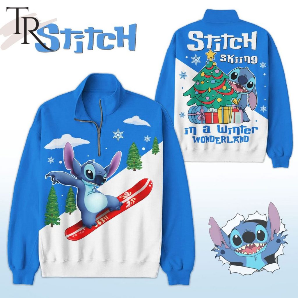 Stitch Skiing In A Winter Wonderland Half Zip Sweatshirt - Torunstyle